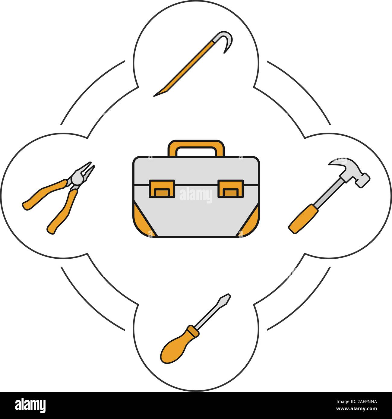 Tool box contents color icons set. Construction tools. Pliers, crowbar ...