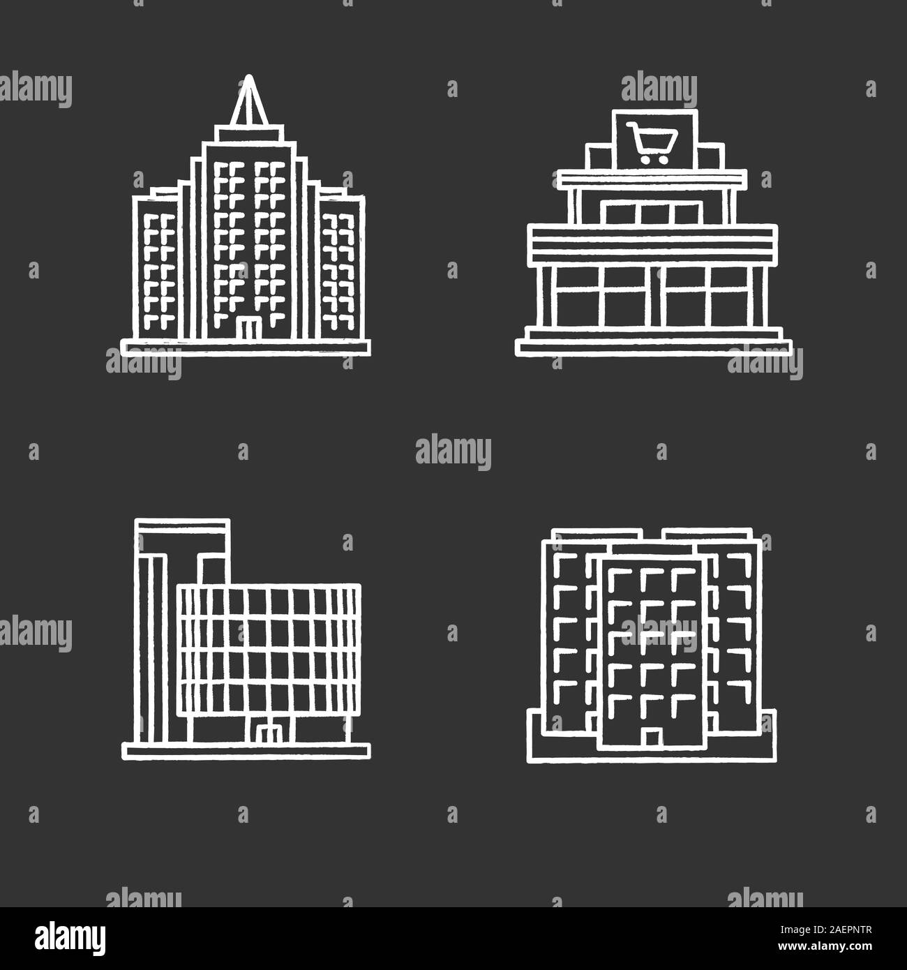 City buildings chalk icons set. Shopping mall, business center ...