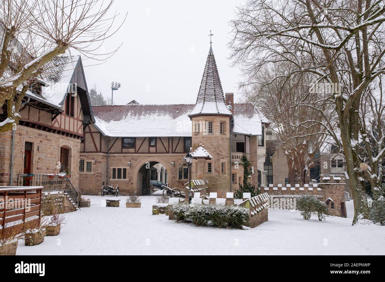 The Burghof congress centre and restaurant under the snow, Schlossberg ...