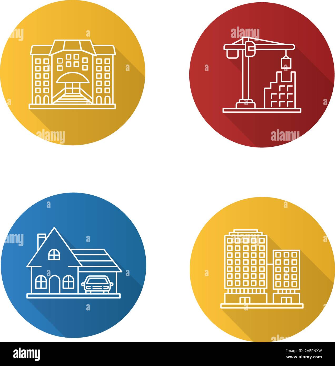 City buildings flat linear long shadow icons set. Hotel, tower crane ...