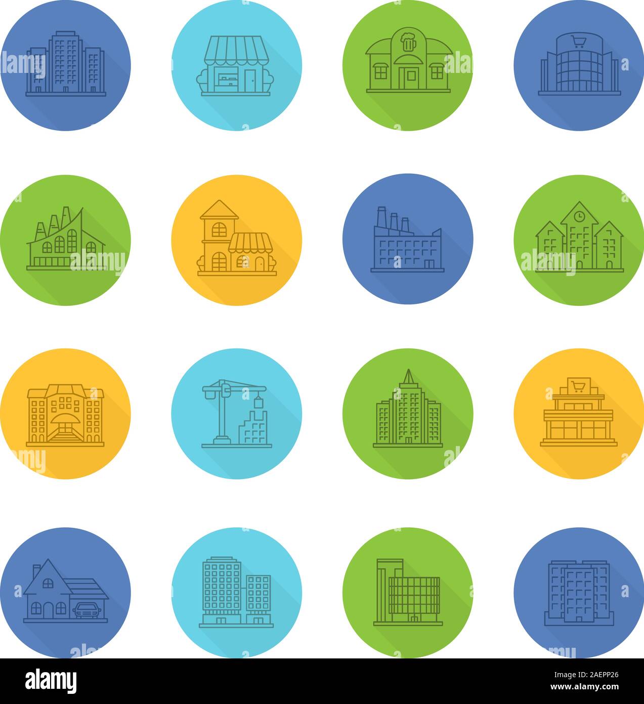 City buildings linear icons set. Town architecture. Shop, supermarket ...