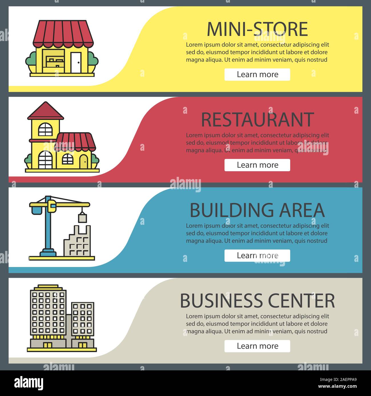 City buildings web banner templates set. Shop, restaurant, tower crane ...