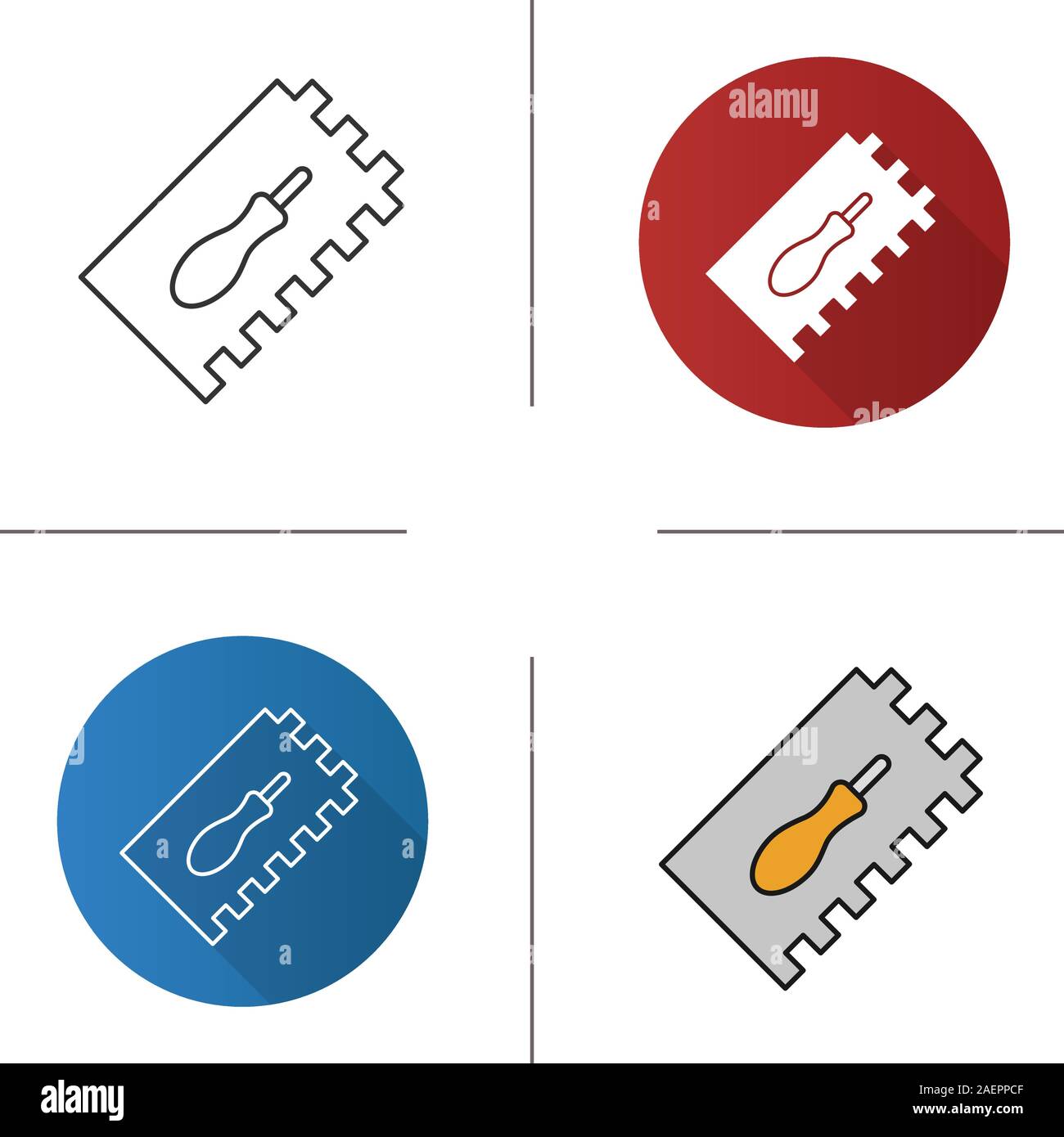 Rectangular notched trowel icon. Flat design, linear and color styles ...