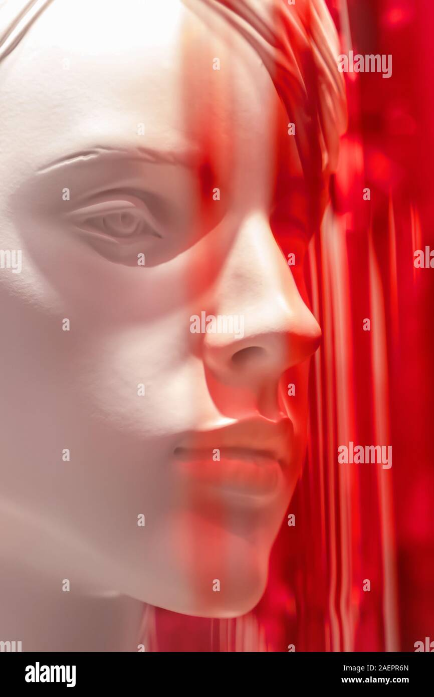 stylish beauty mannequin female head on a blurred bright colored red ...