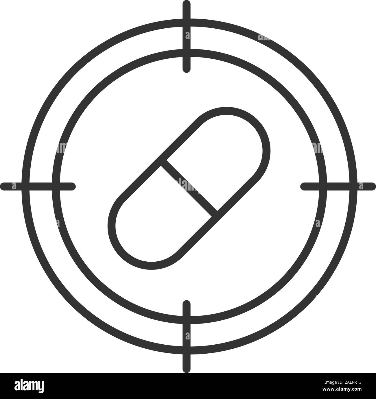 Aim on pill linear icon. Drugs searching thin line illustration ...