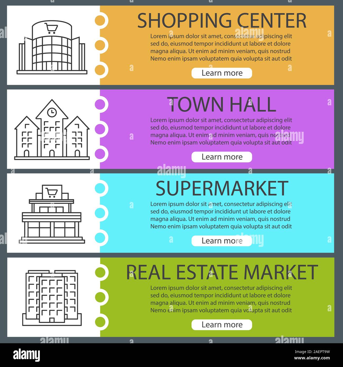 City buildings web banner templates set. Shopping mall, town hall ...