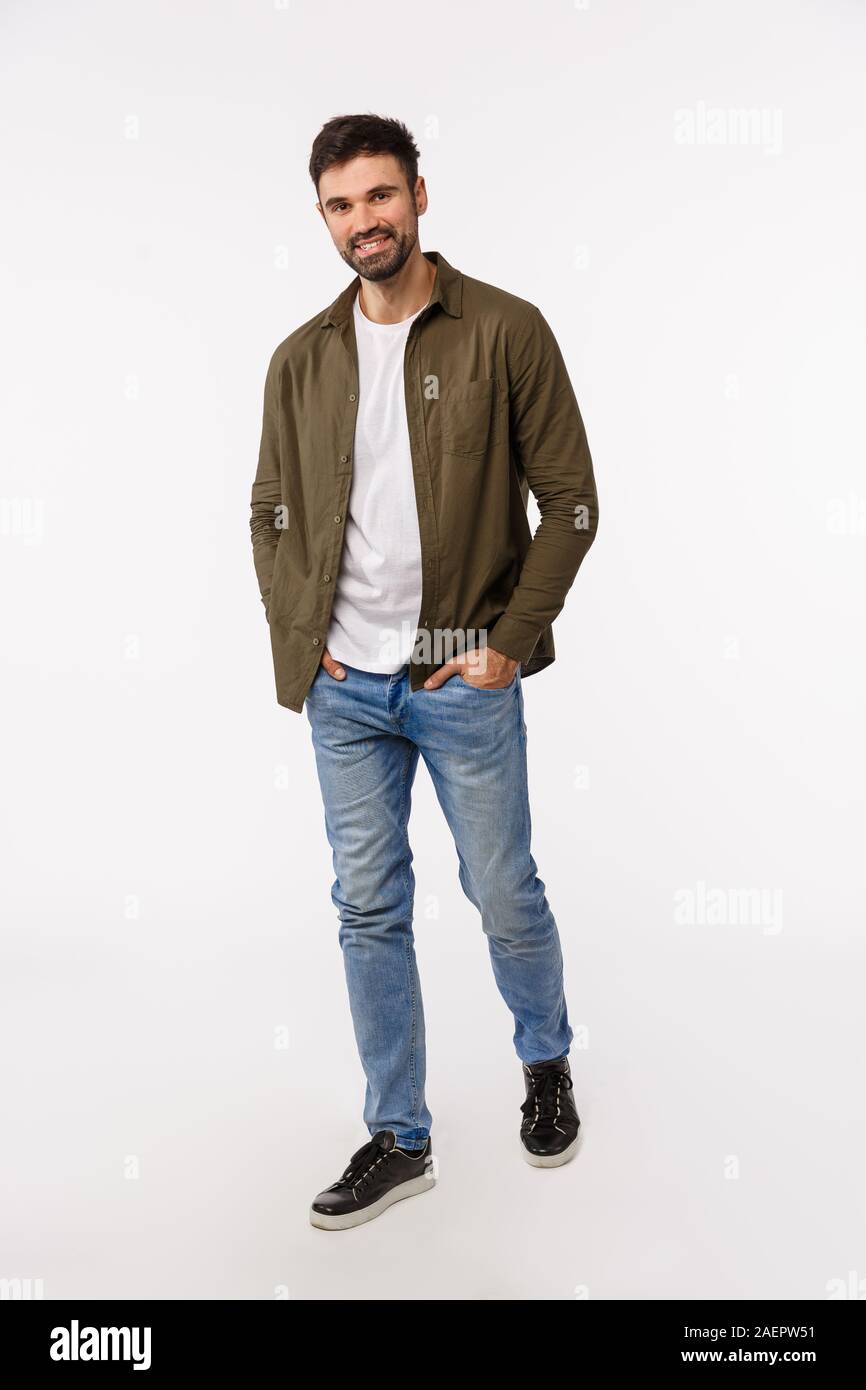 Full-length vertical shot good-looking macho stylish modern guy ...