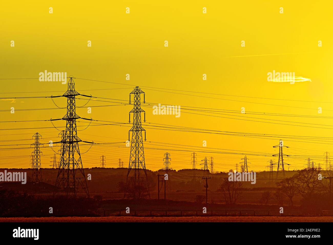 Electricity pylons and cables over the countryside against yellow ...