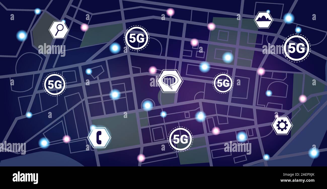 spot lights on city map 5G online communication wireless systems ...