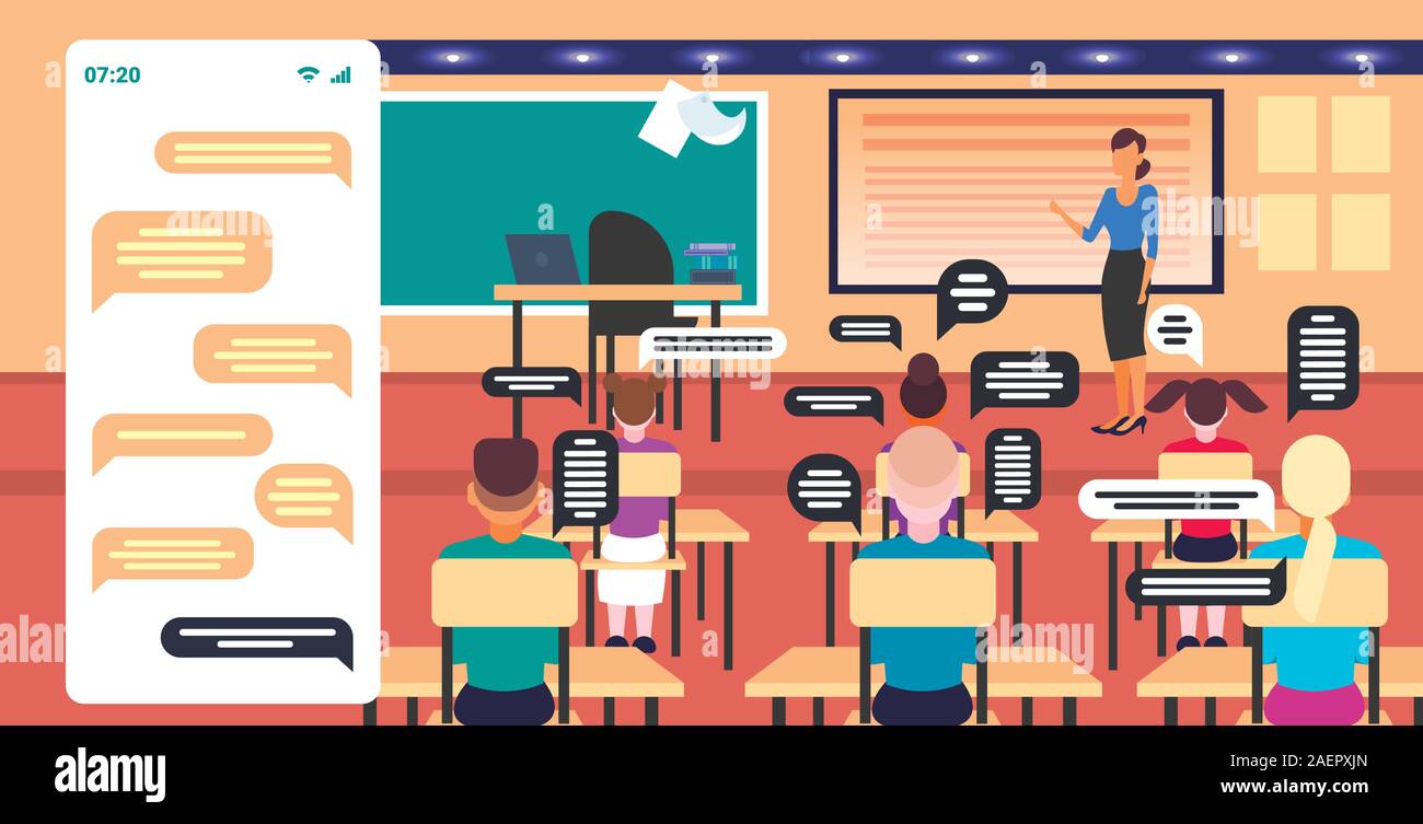 pupils using smartphones mobile chatting app social network chat bubble ...