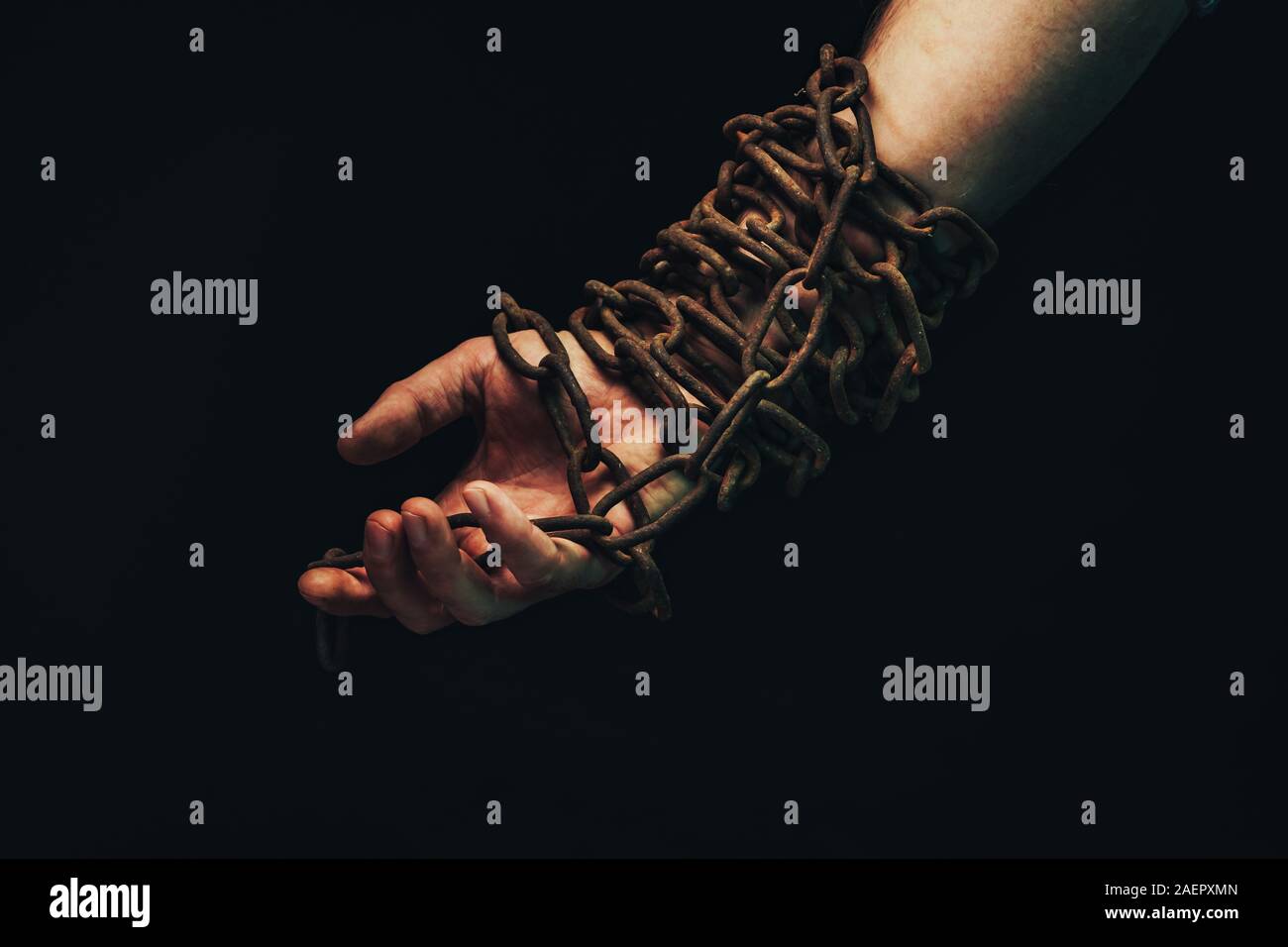 Human hand are chained in chains isolated on black background Stock ...