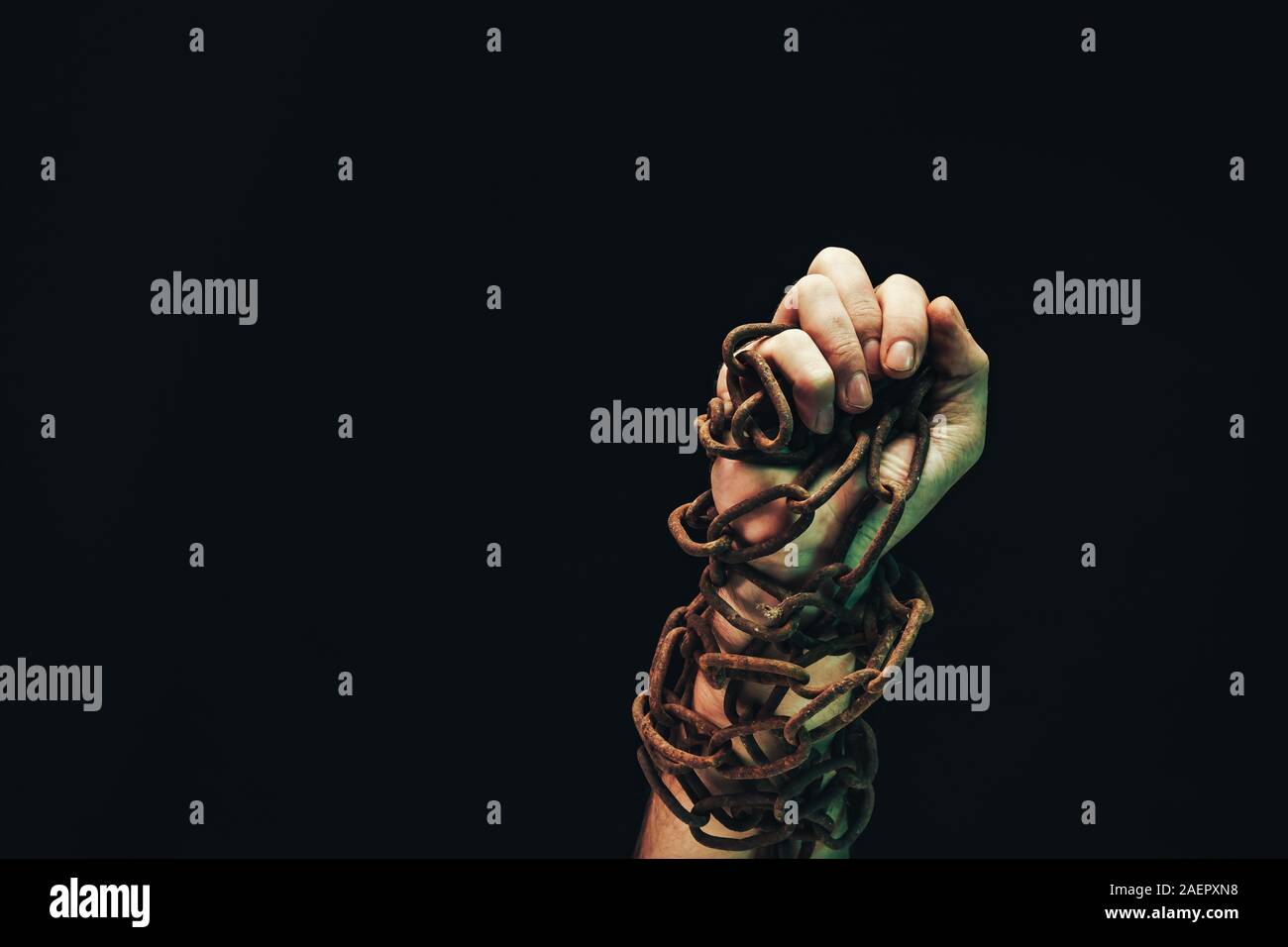 Human hand are chained in chains isolated on black background Stock ...