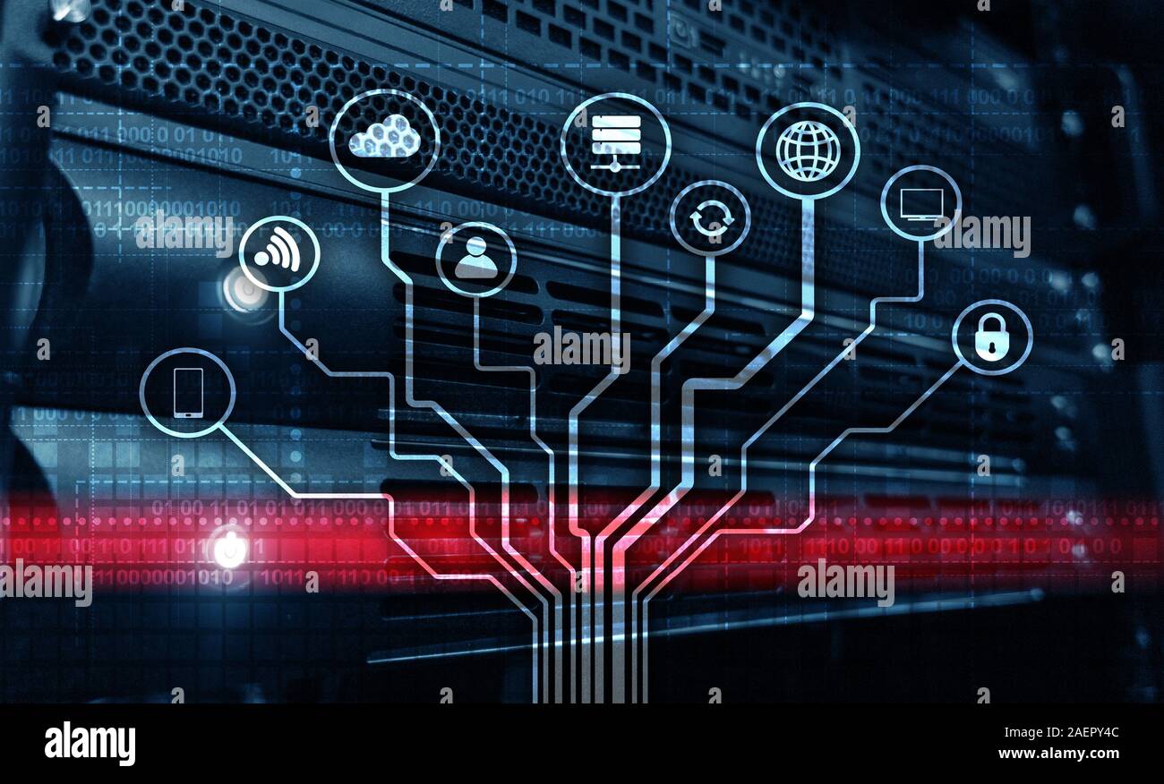 Telecommunication concept. Binary code on large data center background ...