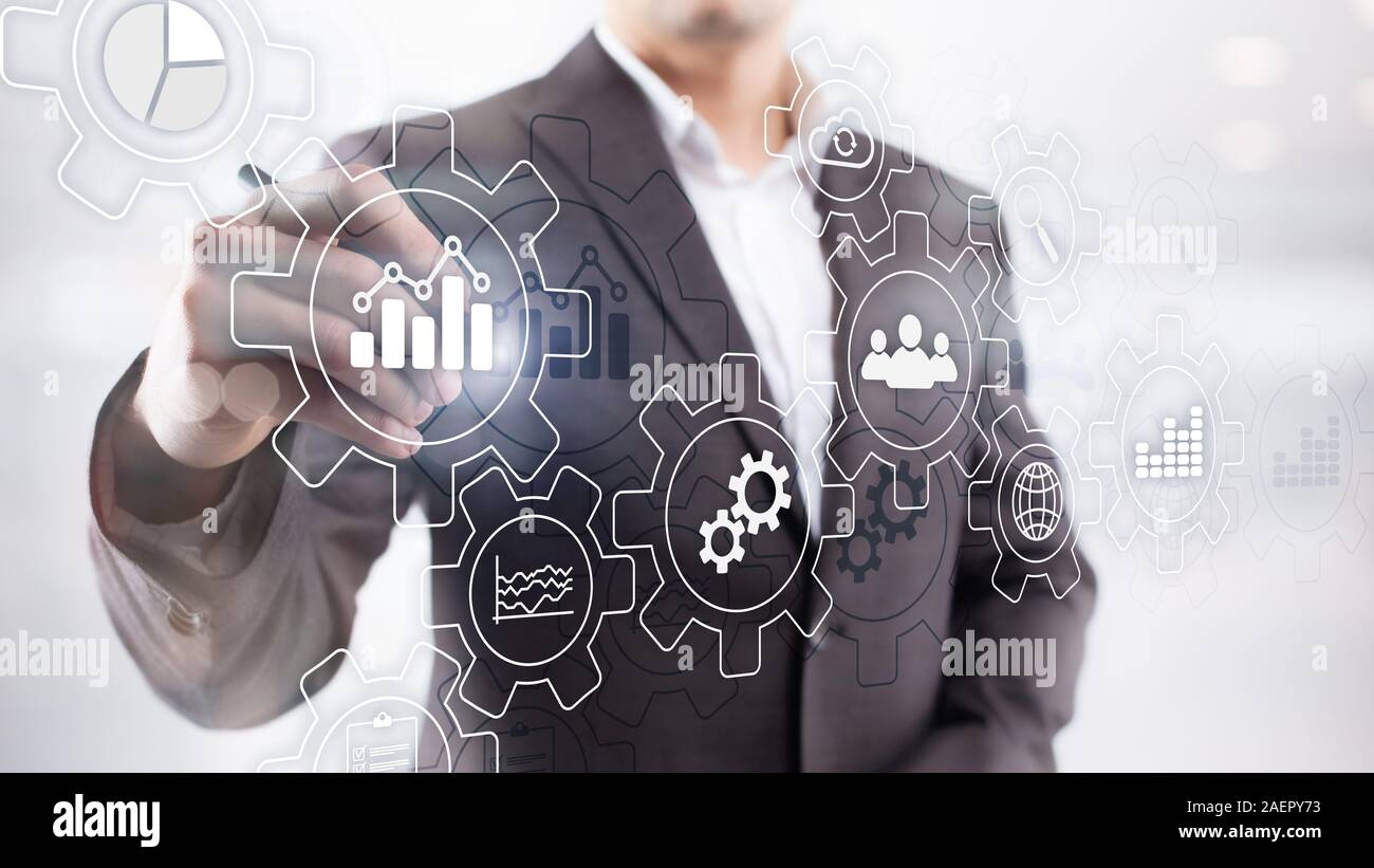 Business process abstract diagram with gears and icons. Workflow and ...