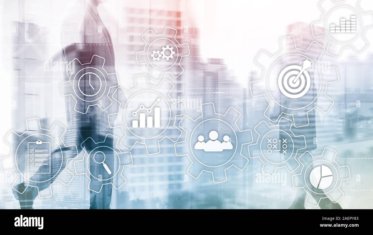 Business process automation concept. Gears and icons on abstract ...