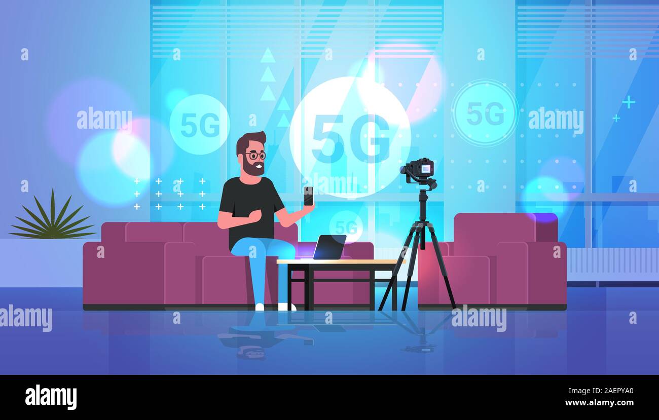 blogger recording video on camera 5G online network wireless systems ...