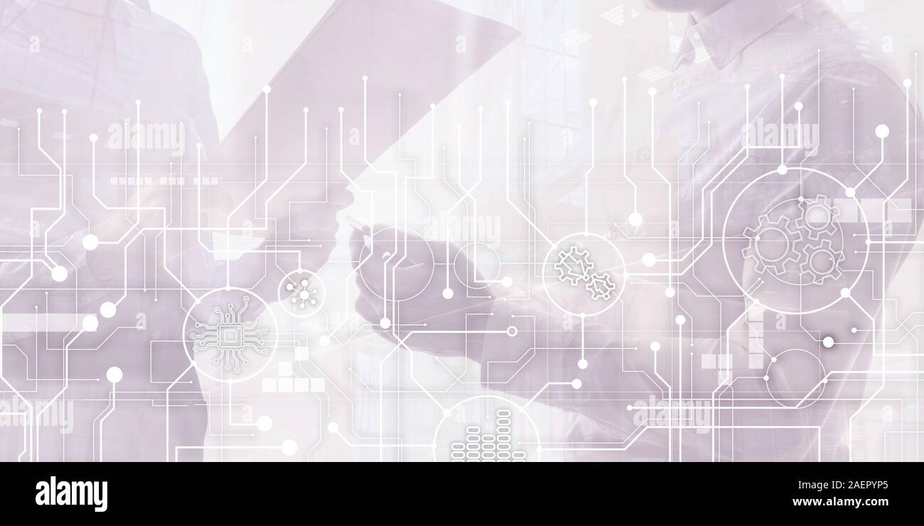 Electronic circuit board processor and gears on abstract business ...