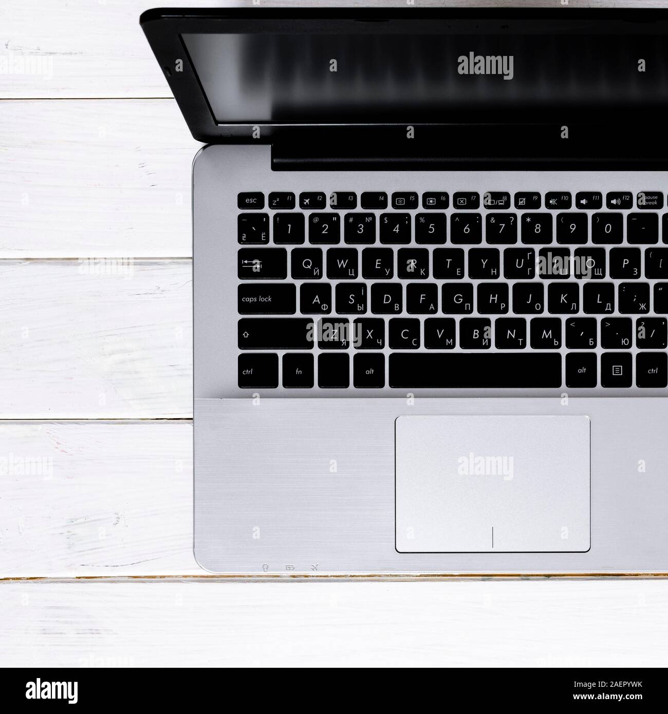 Open laptop with blank screen on a white background top view Stock ...