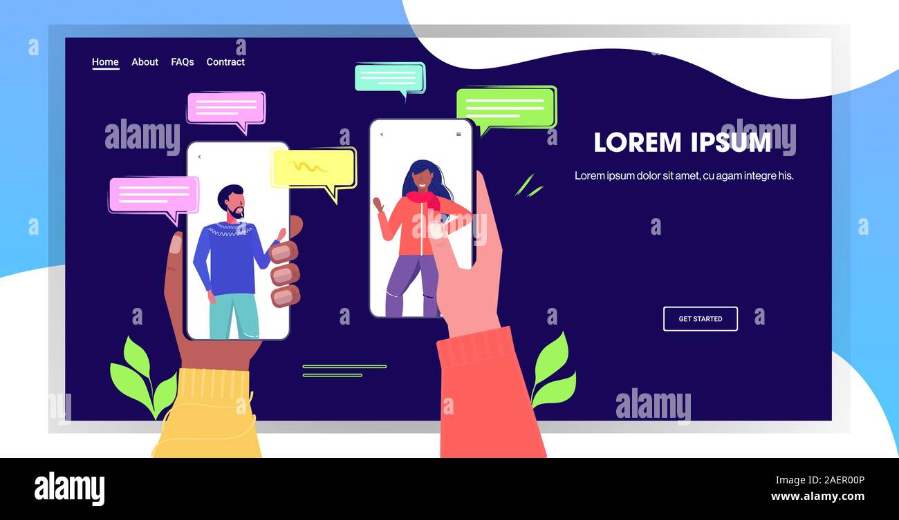 mix race human hands using chatting app social network chat bubble ...