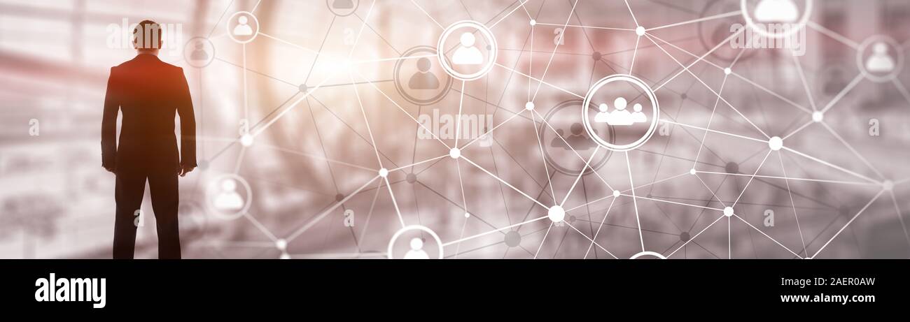 Background conceptual image with social connection lines on panoramic ...