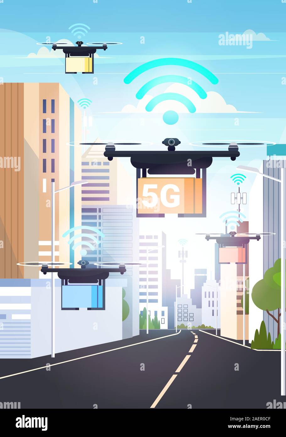 drones flying with cardboard boxes over smart city 5G online network ...