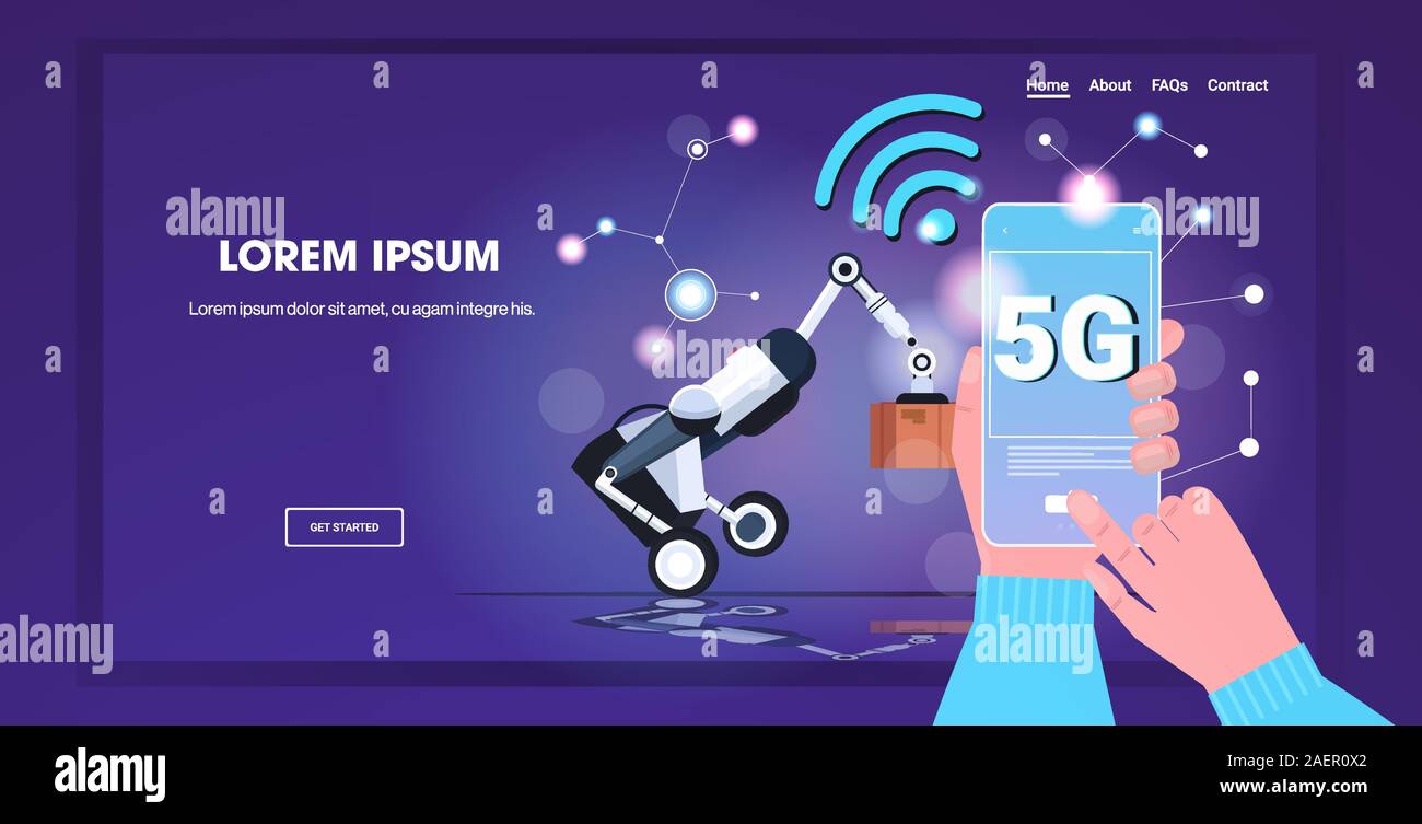 human hand using mobile app controlling robotic loader 5G online ...