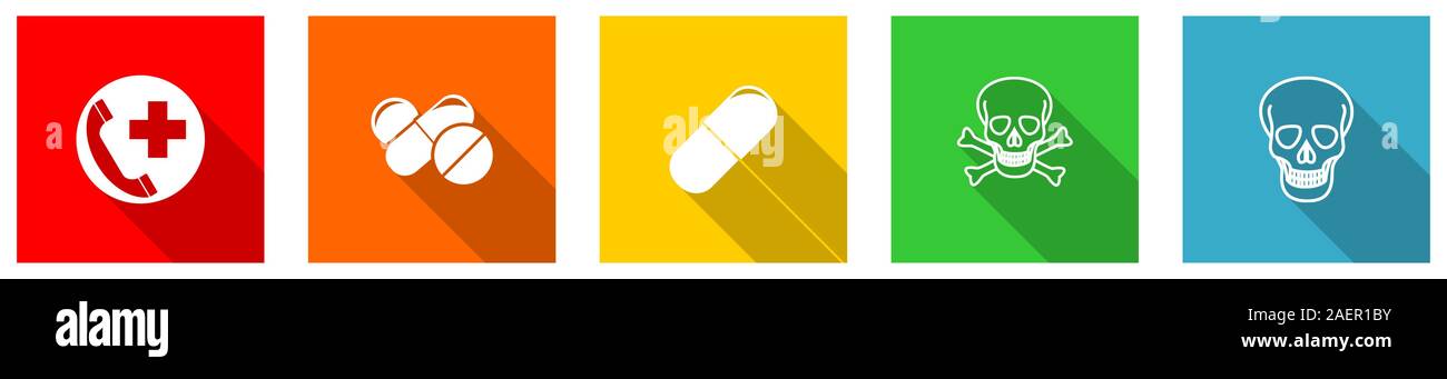 Set of colorful web flat design vector icons, pill, pharmacy and skull ...