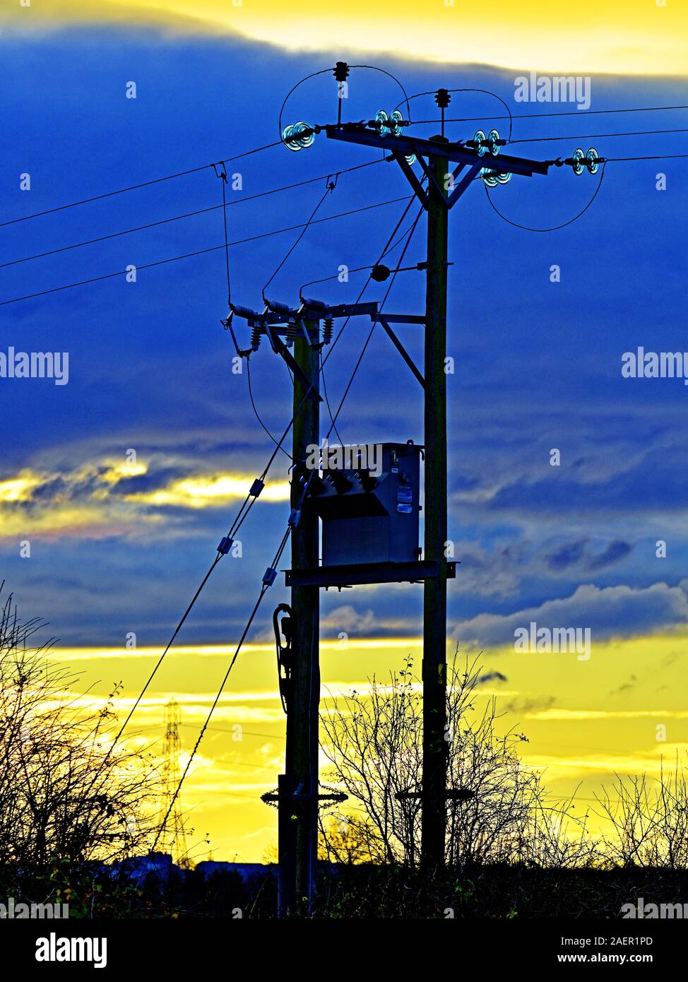 Countryside small scale power transmission cables and transformer at ...