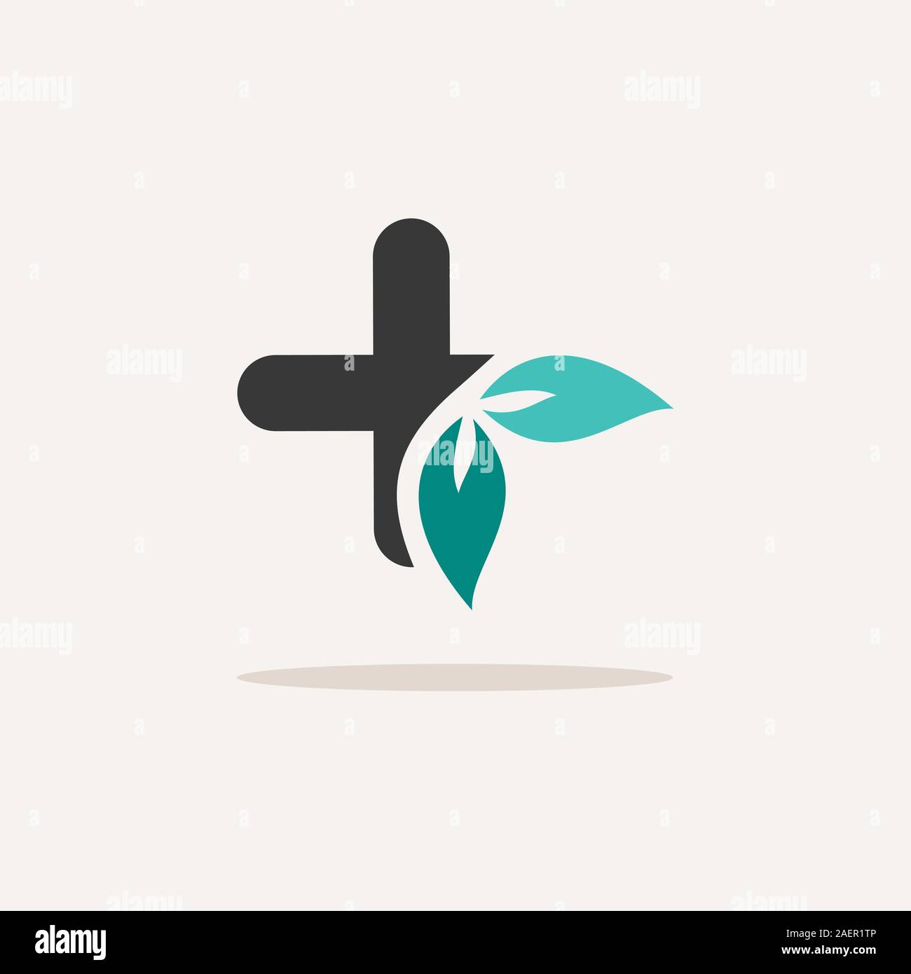 Pharmacy cross with leaves. Icon with shadow on a beige background ...
