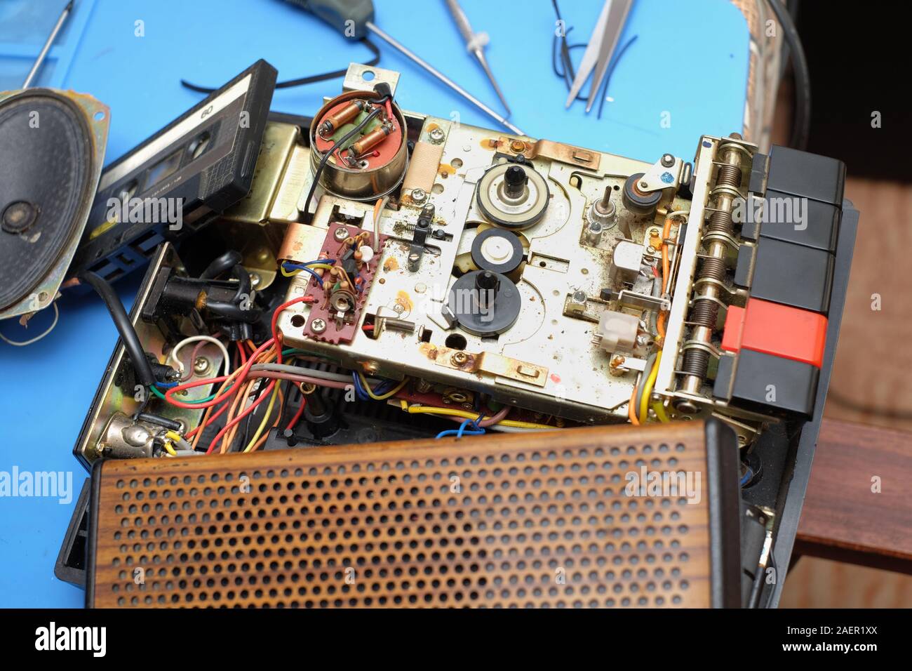 Repair of disassembled vintage cassette player, indoors close-up Stock ...