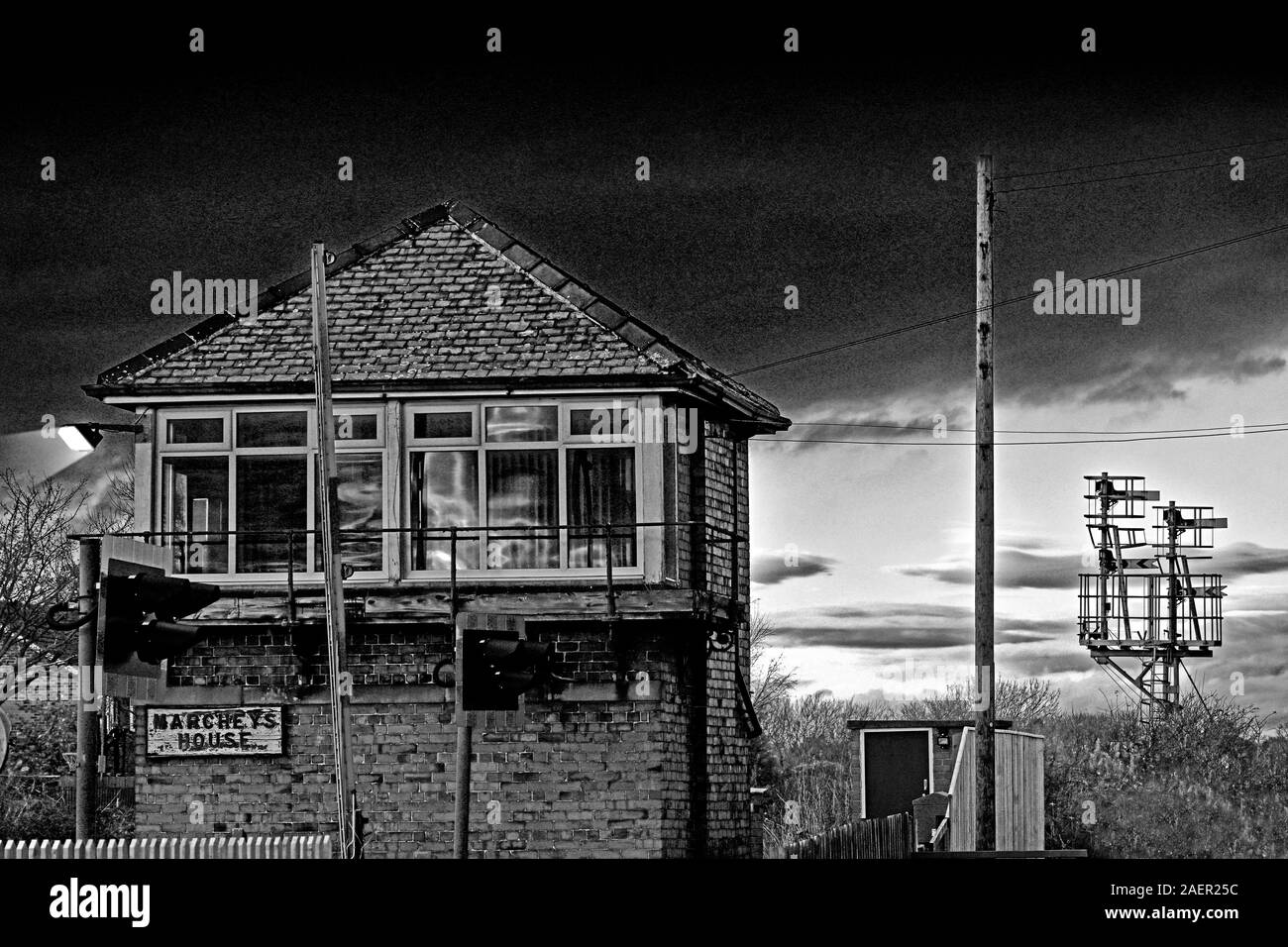 Old railway signal box and signals late afternoon Stock Photo - Alamy