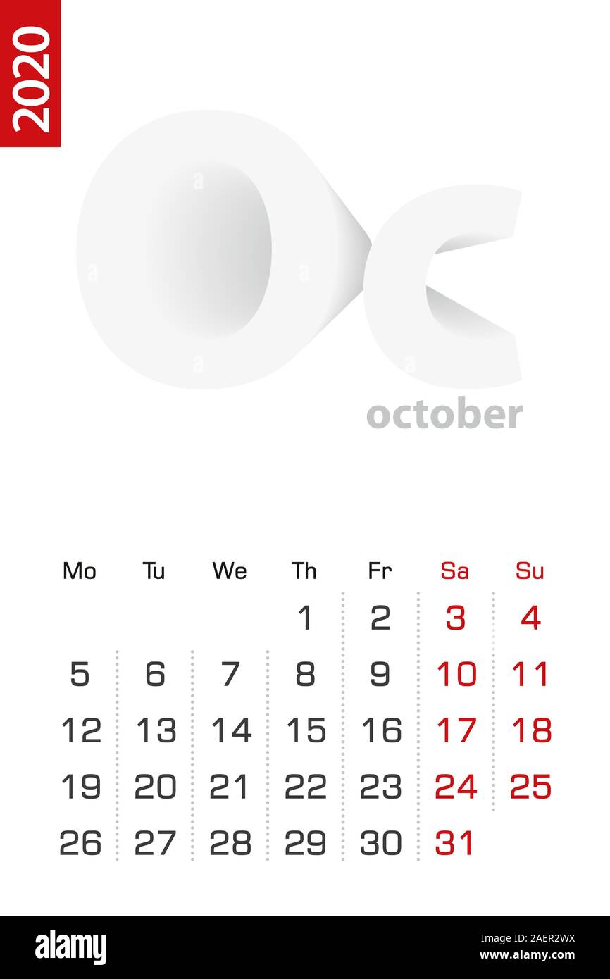 Minimalist calendar template for October 2020, vector calendar in ...