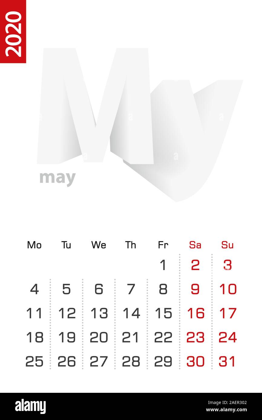 Minimalist calendar template for May 2020, vector calendar in English ...