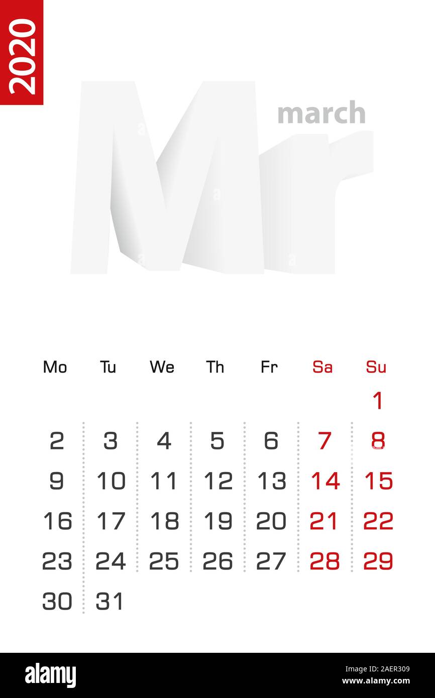 Minimalist calendar template for March 2020, vector calendar in English ...
