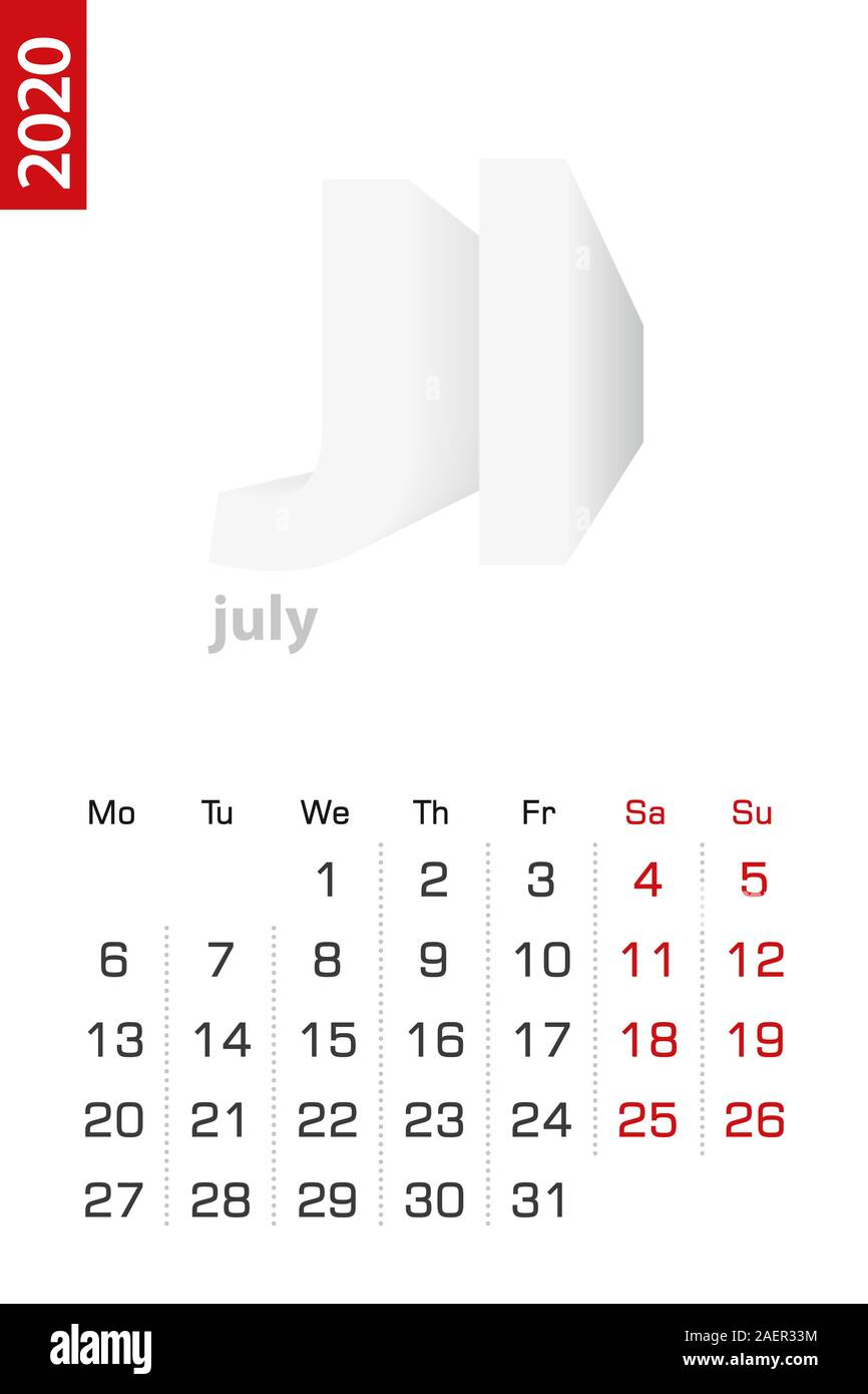 Minimalist calendar template for July 2020, vector calendar in English ...