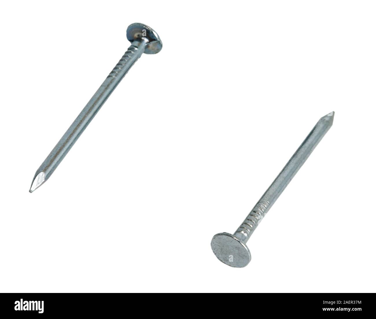Two galvanized nail isolated on a white background with copy space ...