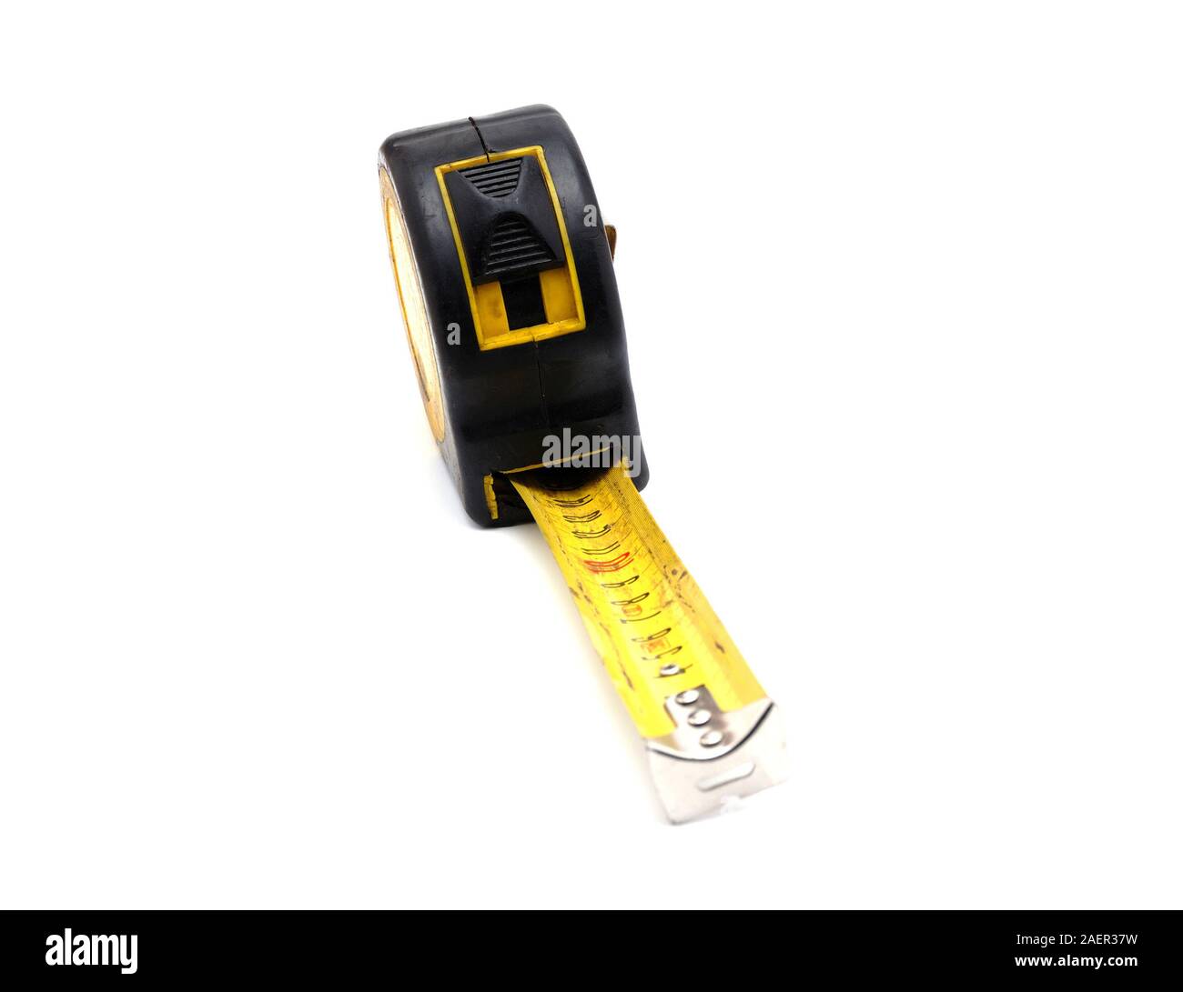 Tools collection - old rusty tape measure on white background Stock ...