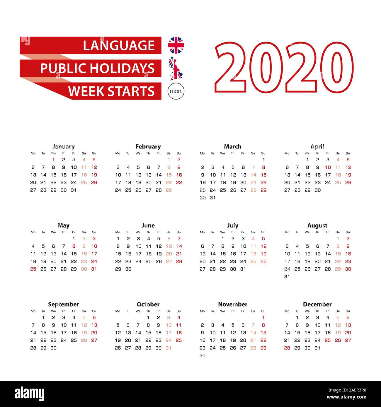 Calendar 2020 in English language with public holidays of the United ...