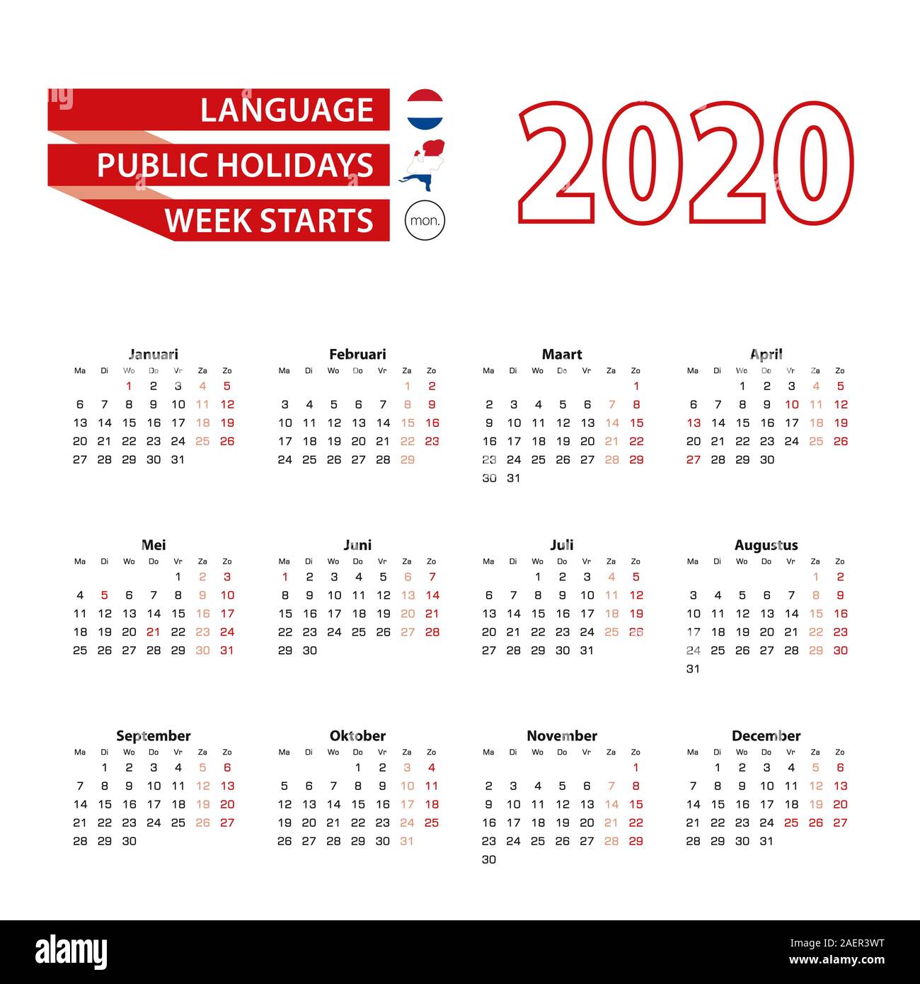 Calendar 2020 in Dutch language with public holidays the country of ...
