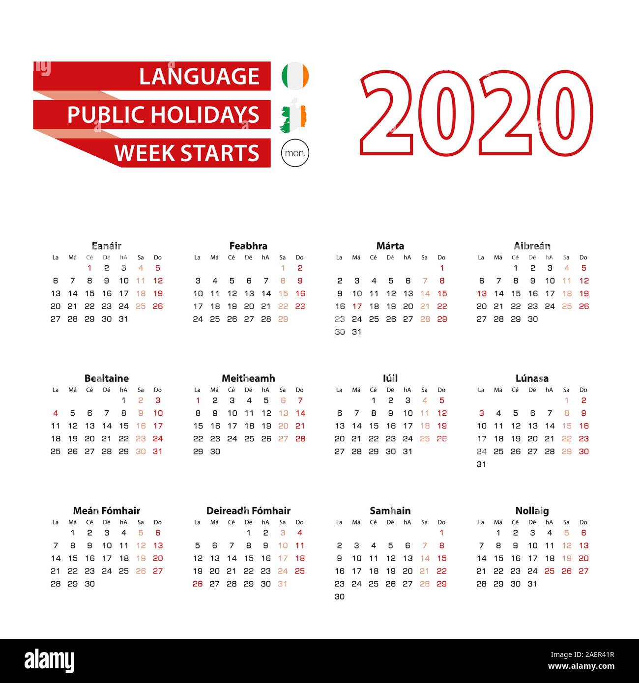 Calendar 2020 in Irish language with public holidays the country of ...