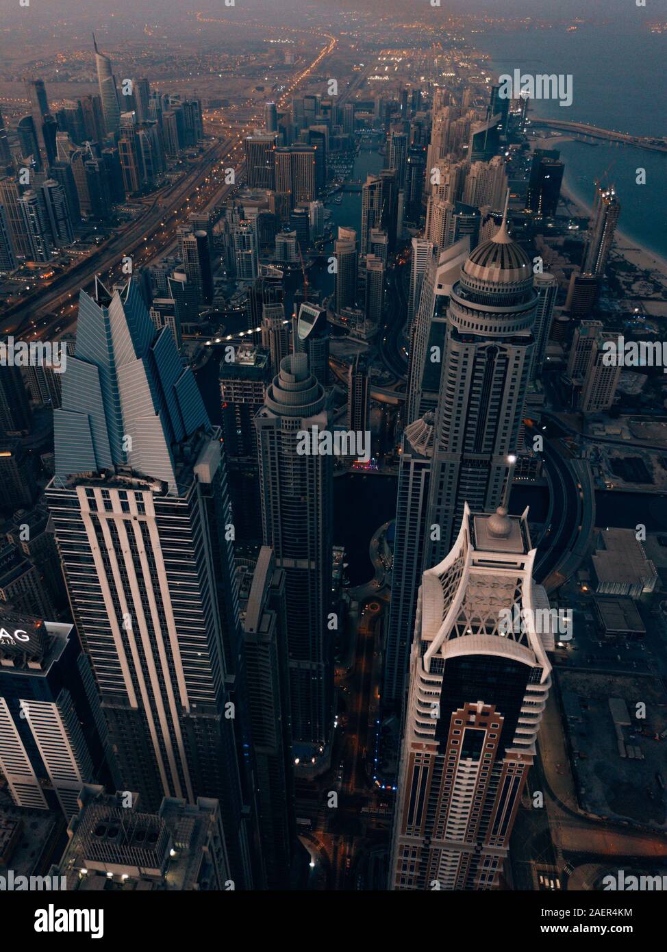 Aerial drone shot of the cityscape of Dubai Marina in Dubai, United ...