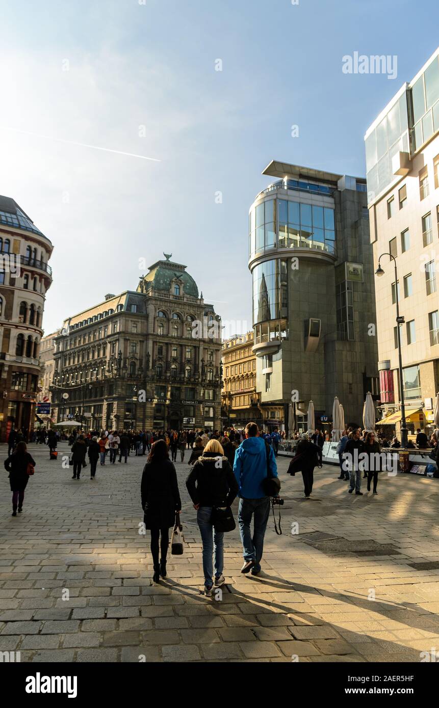 Crowd of people at the Stephansplatz in Vienna, Austria. View of famous ...