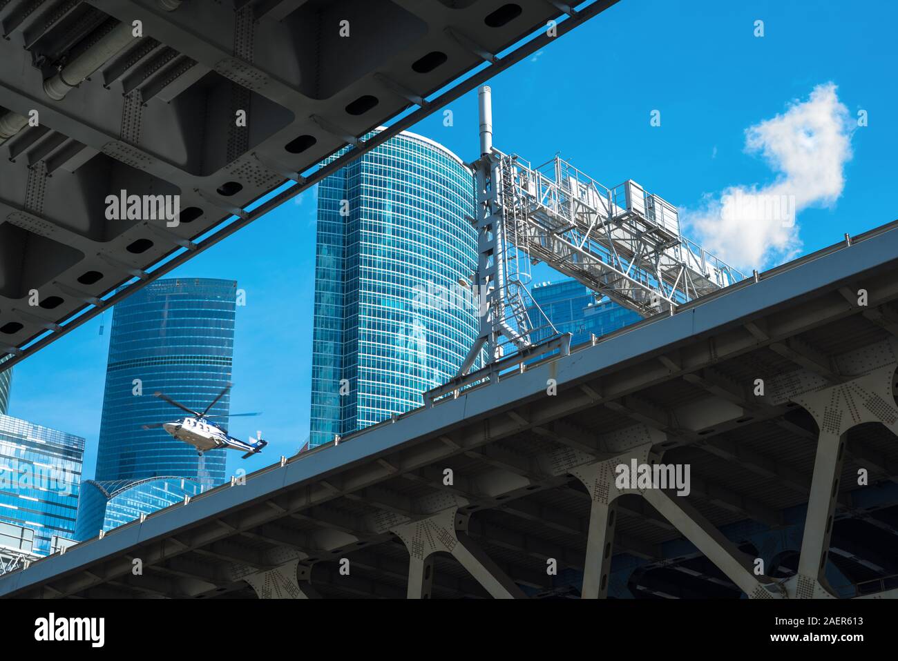 Urban environment, bridge structure, office buildings, flying ...