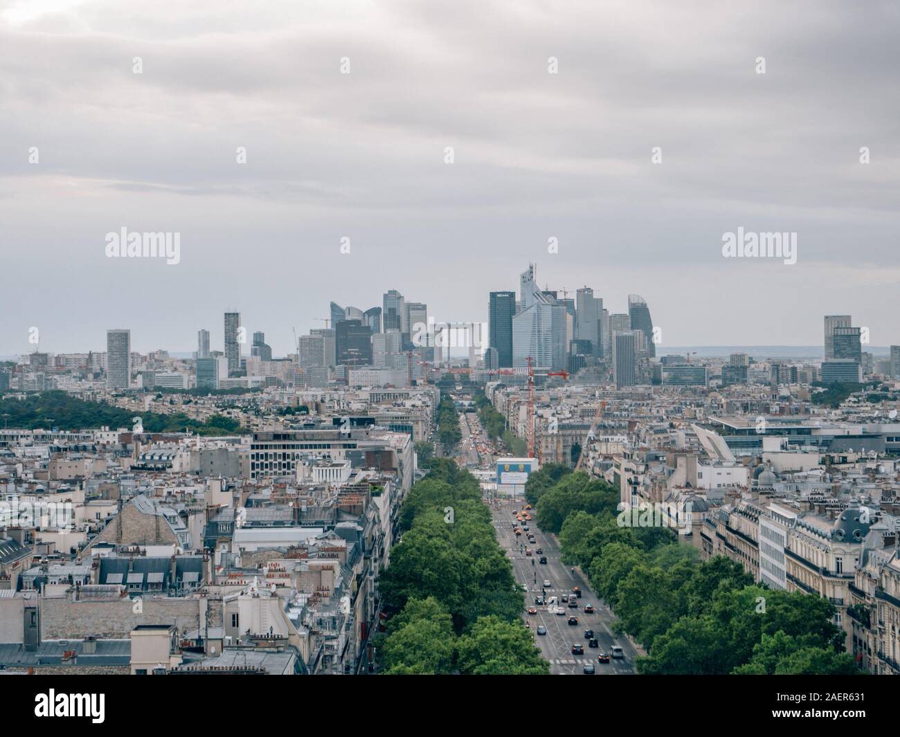 View from Arc de Triomphe to the La Defense district of Paris Stock ...