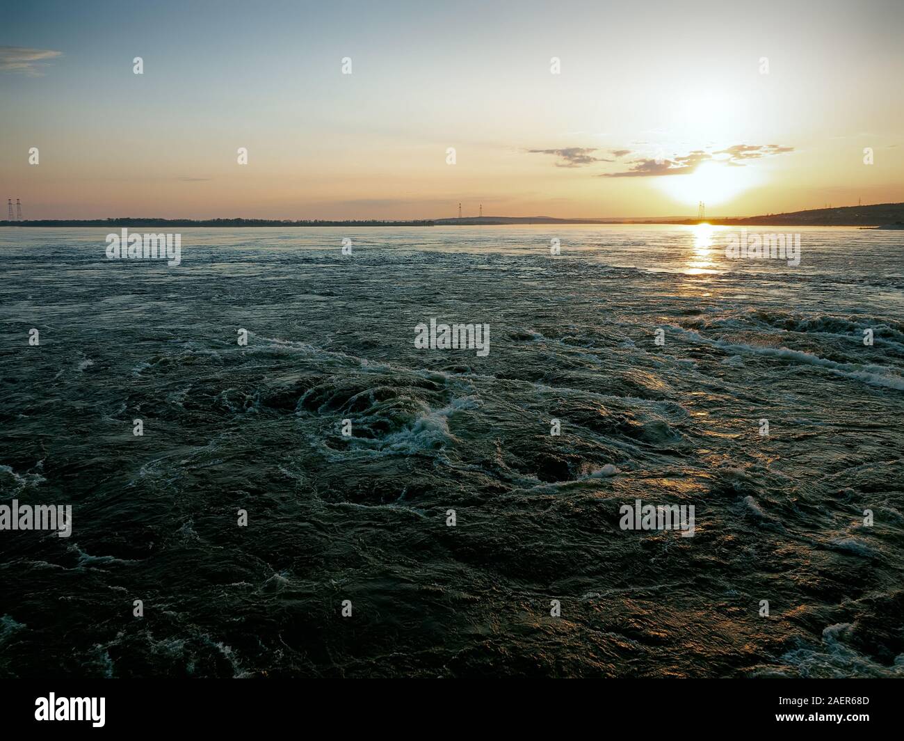 Downstream of the dam (ebb side of a dam) on the Volga river, Russia ...
