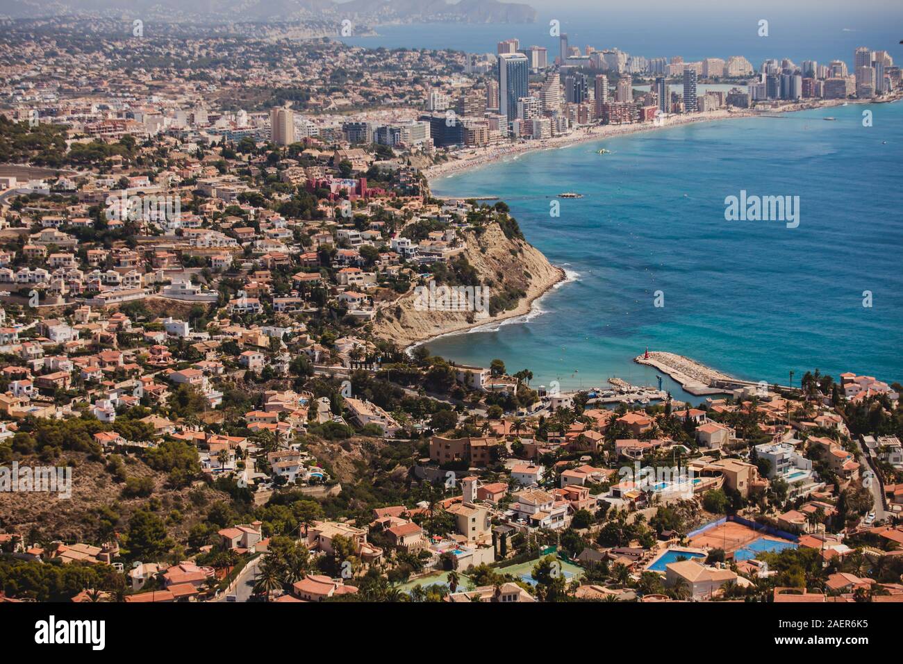 Beautiful super wide-angle aerial view of Calpe, Calp, Spain with ...