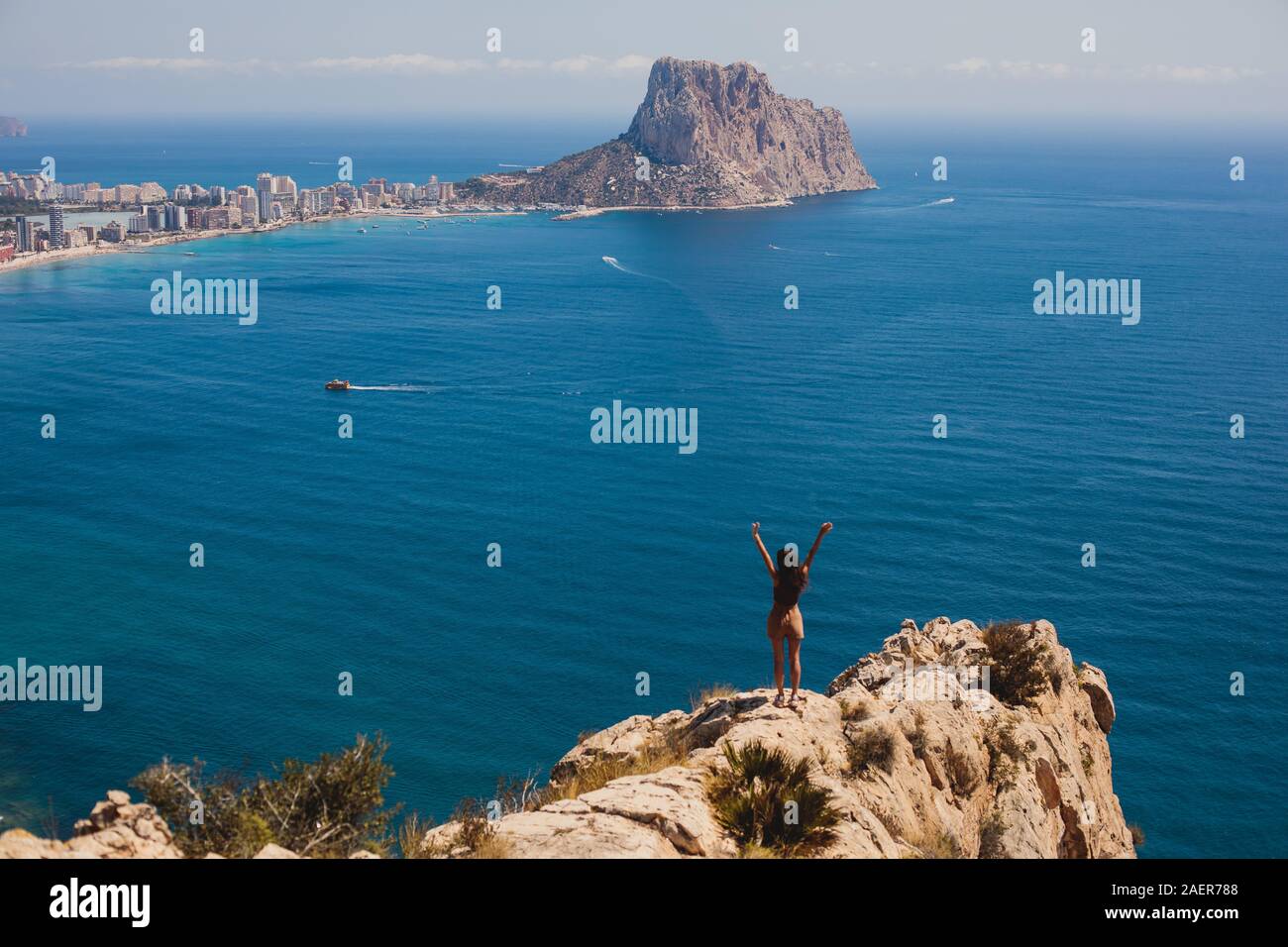 Beautiful super wide-angle aerial view of Calpe, Calp, Spain with ...