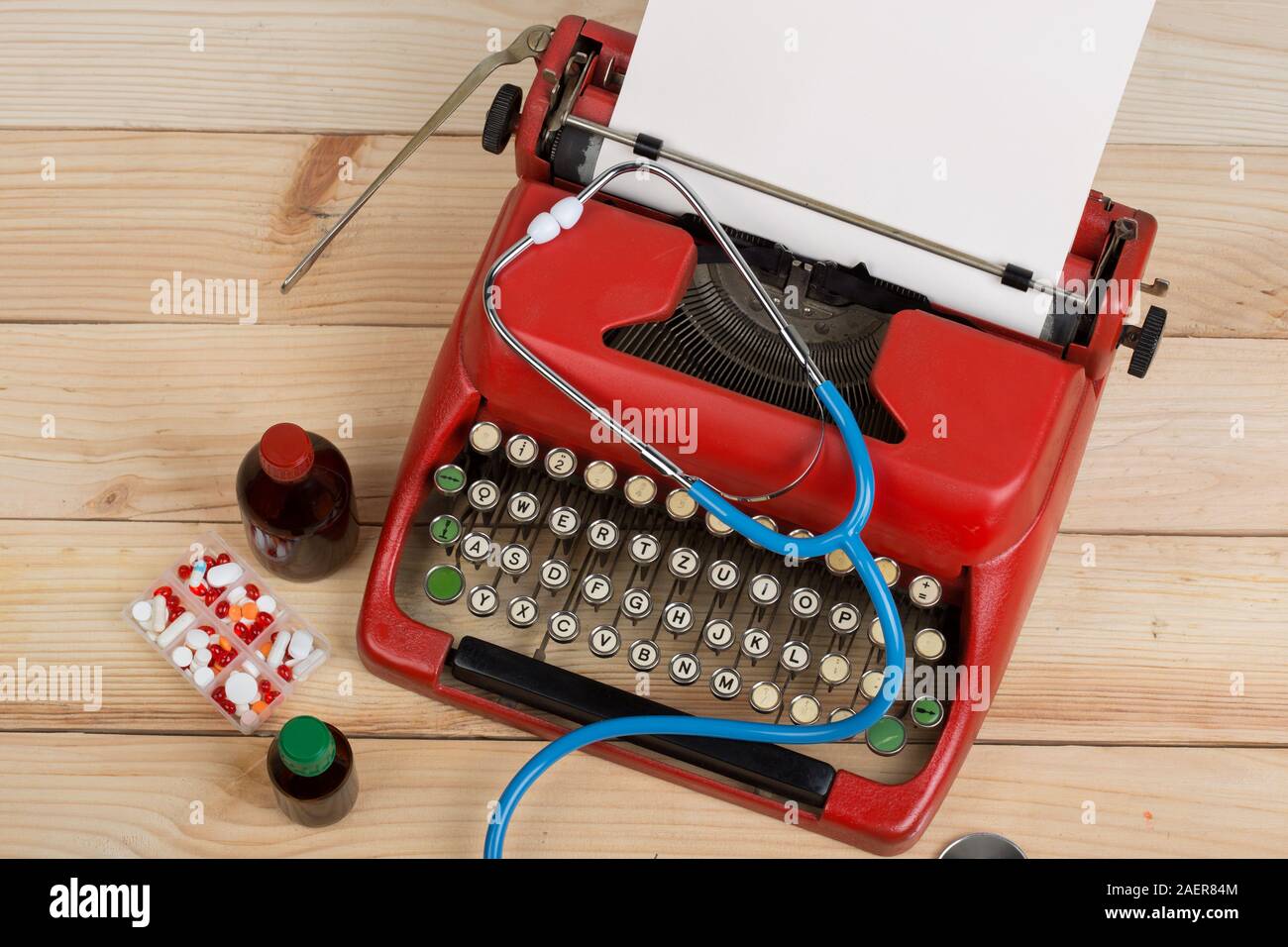 Prescription medicine or medical diagnosis - doctor workplace with blue ...