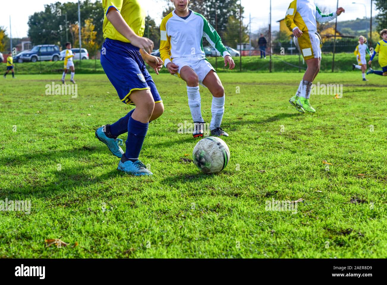 three young football players. Children play a soccer game. Legs in ...