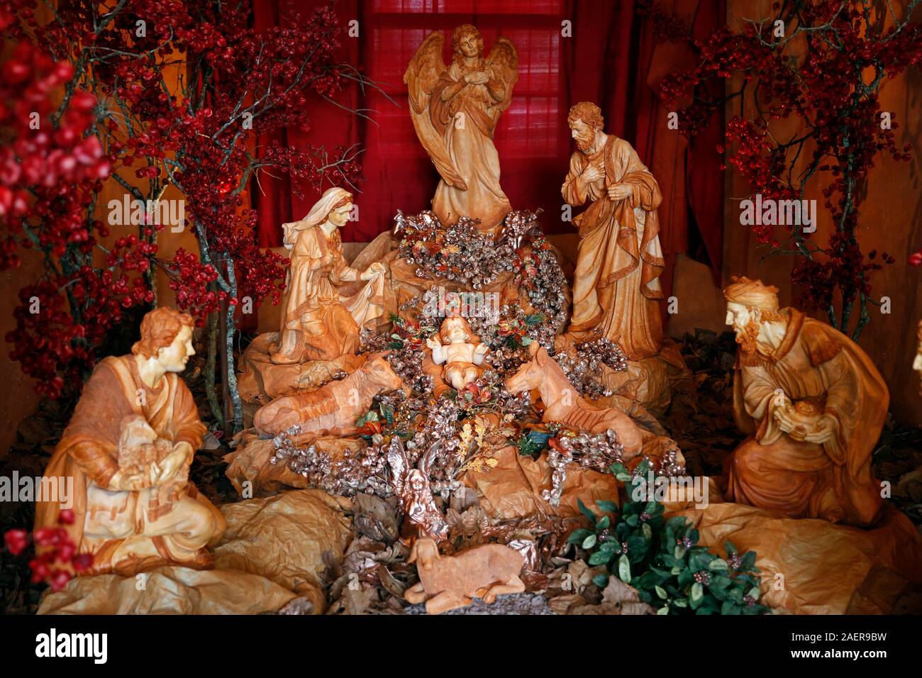 christmas and New Year holidays background with holy family in the crib ...